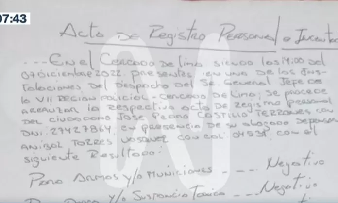 Acta de registro personal de Pedro Castillo | Canal N