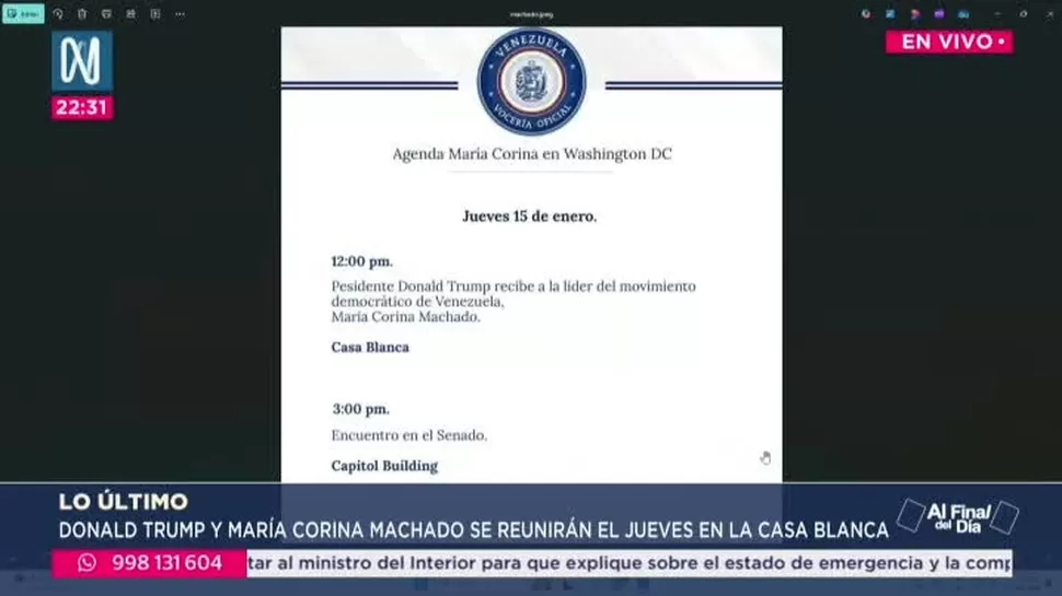 Donald Trump recibirá este jueves a María Corina Machado en la Casa ...
