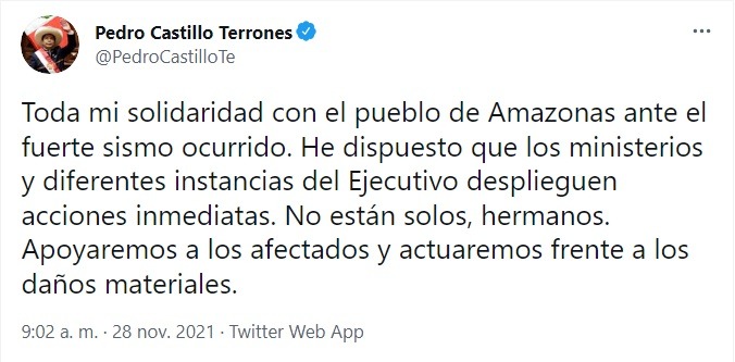 Pedro Castillo Y Ministros Viajan A Amazonas Tras Terremoto En La